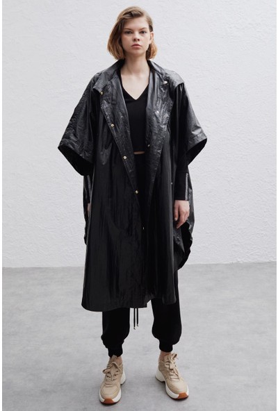 Perspective Lores Rahat Kalıp Kapüşonlu Siyah Panço