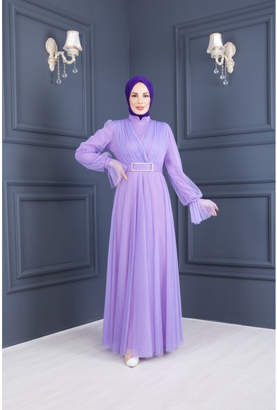 Moda Echer Tesettür Abiye Elbise Kemerili Taş Aksesuarlı 7396