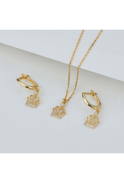 Gümüşistan 925 Ayar Gümüş Taçlı Kolye Küpe Takı Seti
