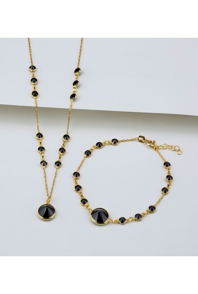 Gümüşistan 925 Ayar Gümüş Siyah Taşlı Kolye Bileklik Takı Seti