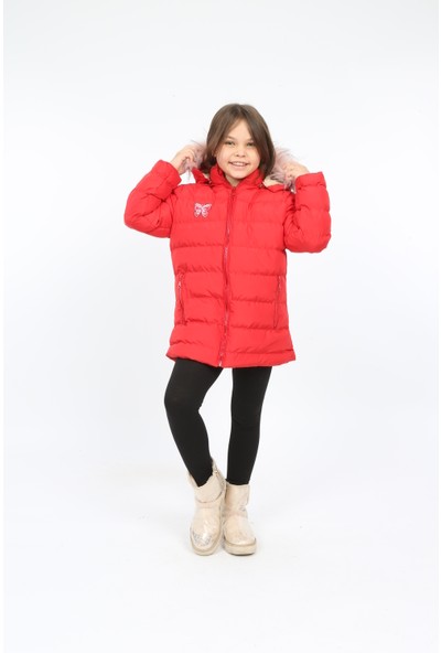Passion Kırmızı Renkli Çıkarılabilir Kapüşonlu Şişme Kız Çocuk Montu