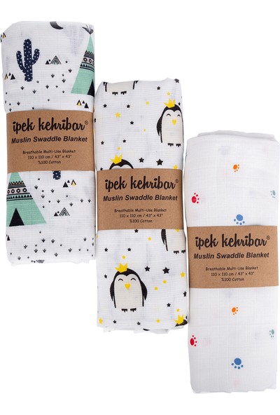 İpek Kehribar 3'lü 110x110 cm Müslin Örtü / Puset Örtüsü - Müslin Battaniye