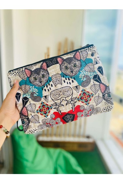 Kedikerekedi Renkli Kediler Kedili Clutch Çanta Kedikerekedi Renkli Kediler Kedili Clutch Çanta