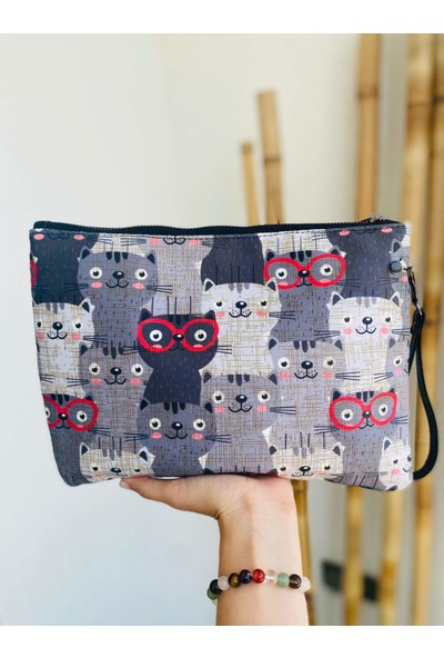 Kedikerekedi Gri Kediler Baskı Kedili Clutch Çanta