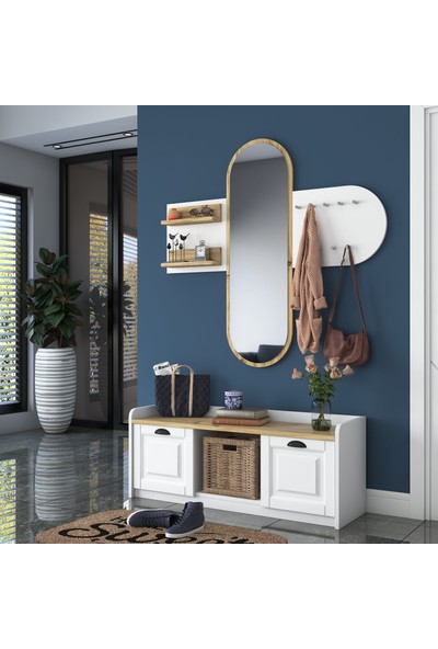 Rani EE101 Aynalı Vestiyer Modern Portmanto Duvar Askısı Ayakkabılık Beyaz Keçe Ceviz Rani EE101 Aynalı Vestiyer Modern Portmanto Duvar Askısı Ayakkabılık Beyaz Keçe Ceviz