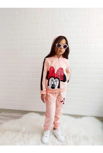 Pomegranate Minnie Mouse Desenli Pembe Kız Çocuk Kadife Takım