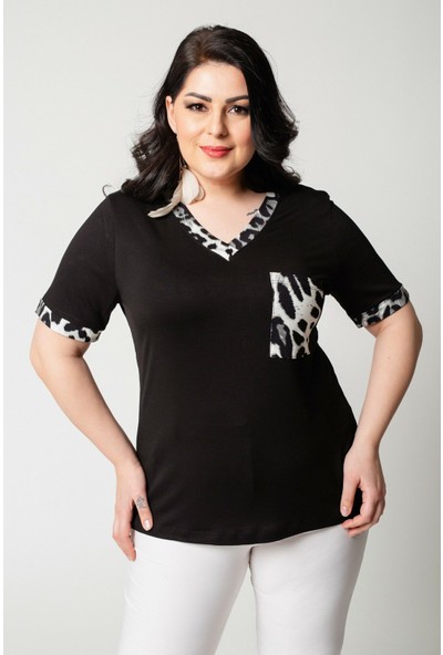 1fazlası Kadın Büyük Beden Siyah-Beyaz Leopar Garnili Bluz 1fazlası Kadın Büyük Beden Siyah-Beyaz Leopar Garnili Bluz