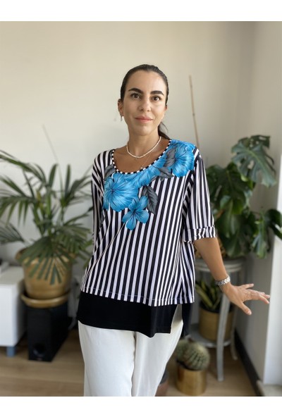 Ultimod Mavi Desenli Çiçek Baskılı Çizgili Büyük Beden Kadın Bluz ULT8023
