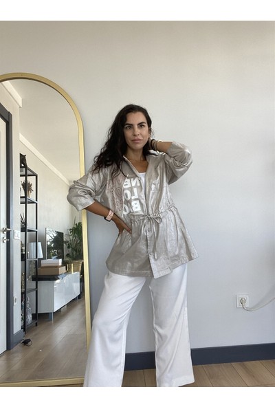 Ultimod Gri Simli Baskılı Büyük Beden Kadın Ceket ULT3197