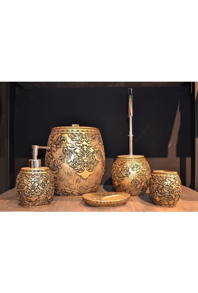 Evvehediyelikeşya 5'li Polyester Altınvarak Çiçek Desenli Banyo Seti