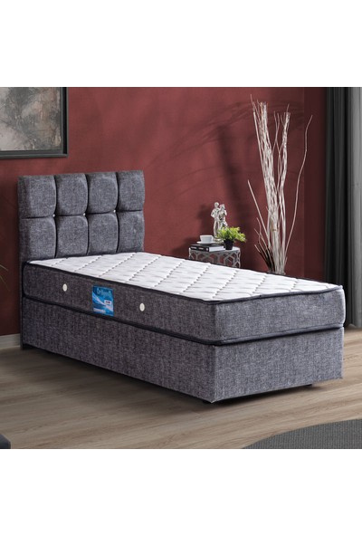 Setay Londra Tek Kişilik Baza Başlık Comfort Yaylı Yatak Seti, Antrasit Gri