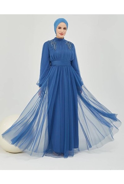 Moda Echer Tesettür Abiye Tül Kumaş Dantel Aksesuarlı 7613