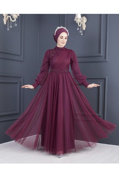 Moda Echer Tesettür Abiye Elbise Tül Kumaş Dantel Aksesuarlı 7652