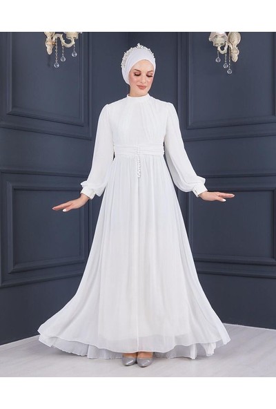 Moda Echer Tesettür Abiye Elbise Düğme Detaylı 7623