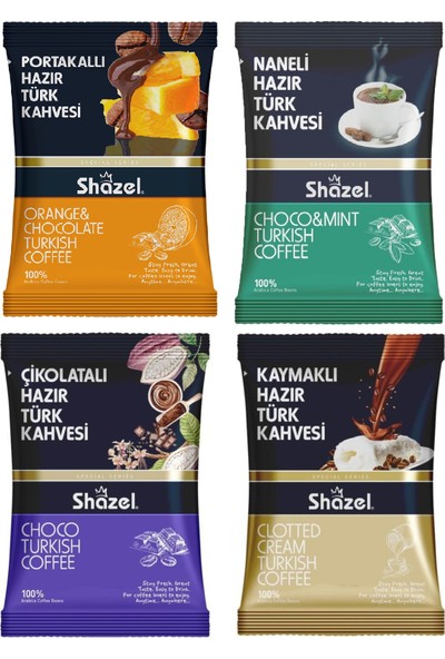 Shazel Hazır Türk Kahvesi Seti 4'lü 100 gr Kaymaklı, Portakallı, Naneli,çikolatalı Shazel Hazır Türk Kahvesi Seti 4'lü 100 gr Kaymaklı, Portakallı, Naneli,çikolatalı
