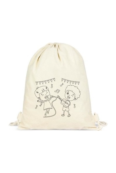 Çınar Bez Çanta Şarkı Söyleyen Çocuklar Boyama Desenli Büzgülü Sırt Çantası + Boya Kalemi 12'li