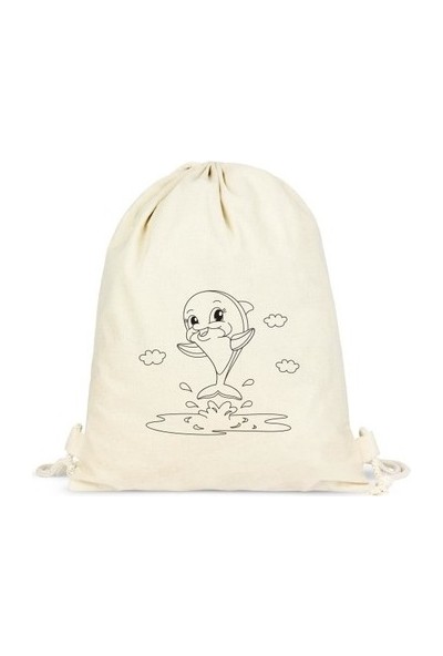 Çınar Bez Çanta Yunus Boyama Desenli Büzgülü Sırt Çantası + Boya Kalemi 12'li