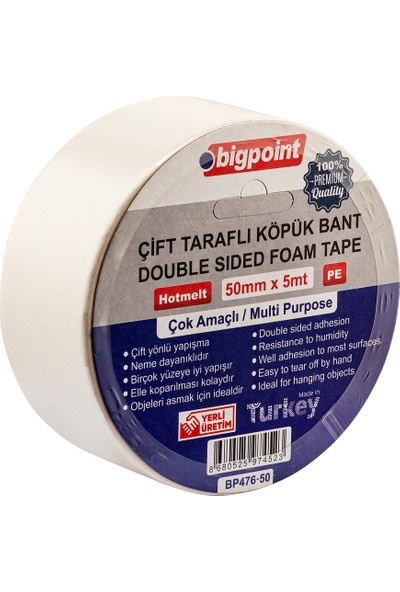Bigpoint Çift Taraflı Köpük Bant 50 mm x 5 mt Bigpoint Çift Taraflı Köpük Bant 50 mm x 5 mt