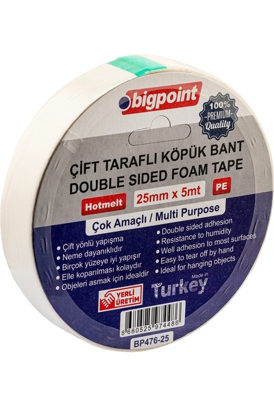 Bigpoint Çift Taraflı Köpük Bant 25 mm x 5 mt Bigpoint Çift Taraflı Köpük Bant 25 mm x 5 mt