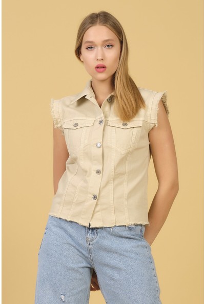 Its Basic Önü Düğmeli Bej Jean Yelek