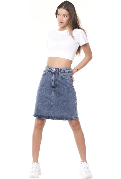 Its Basic Kadın Snow Kot Rengi Midi Boy Yüksek Bel Jean Etek