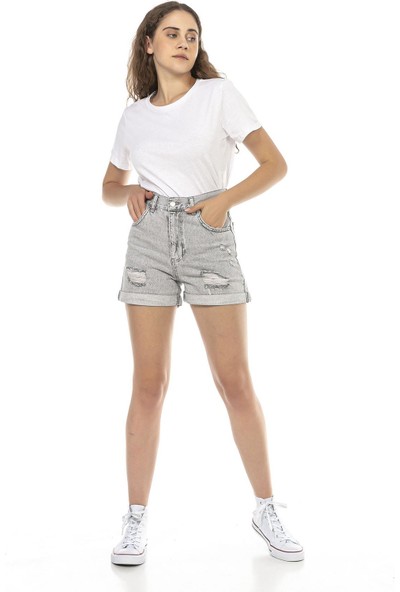 Its Basic Kadın Yırtık Model Yüksek Bel Açık Gri Jean Şort Its Basic Kadın Yırtık Model Yüksek Bel Açık Gri Jean Şort