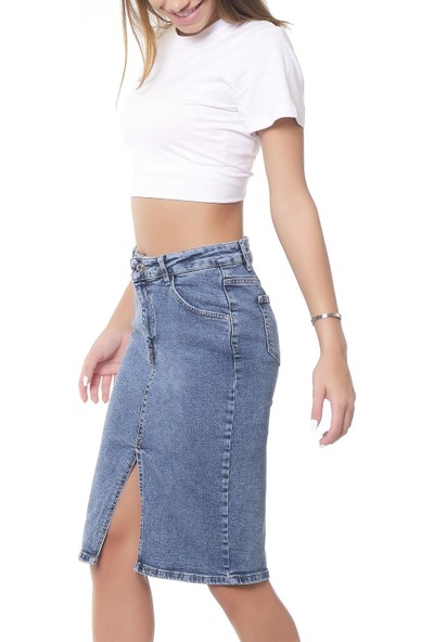 Its Basic Kadın Snow Kot Rengi Midi Boy Yüksek Bel Yırtmaçlı Jean Etek Its Basic Kadın Snow Kot Rengi Midi Boy Yüksek Bel Yırtmaçlı Jean Etek