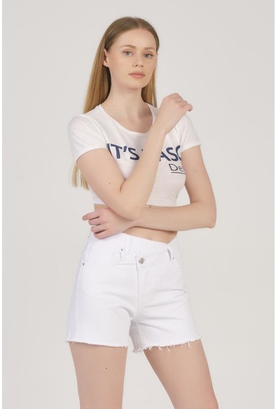 Its Basic Kadın Beyaz Renk Straight Kalıp Yüksel Bel Mini Jean Şort
