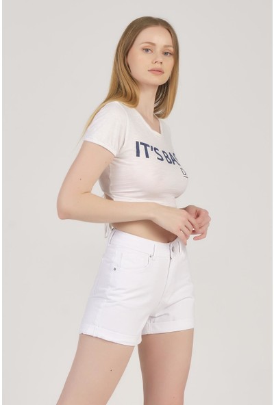 Its Basic Kadın Beyaz Renk Straight Fit Yüksel Bel Jean Şort