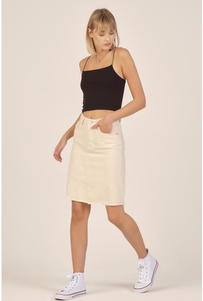 Its Basic Kadın Raw Renk Midi Boy Yüksek Bel Jean Etek
