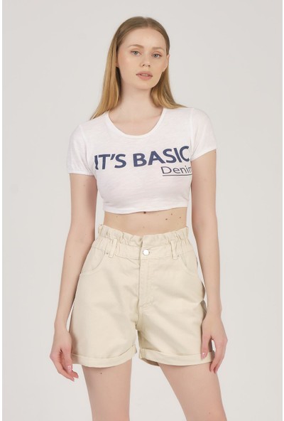 Its Basic Kadın A.bej Rengi Belden Lastikli Comfort Fit Jean Şort Its Basic Kadın A.bej Rengi Belden Lastikli Comfort Fit Jean Şort