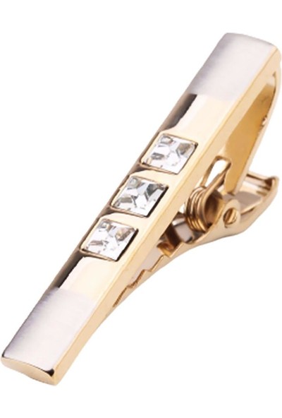 Kravatkolik Gold Renk Üç Beyaz Taşlı Mat Kravat Iğnesi KIY554