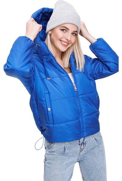 Butikburuc Kadın Saks Kapşonlu Kısa Mont