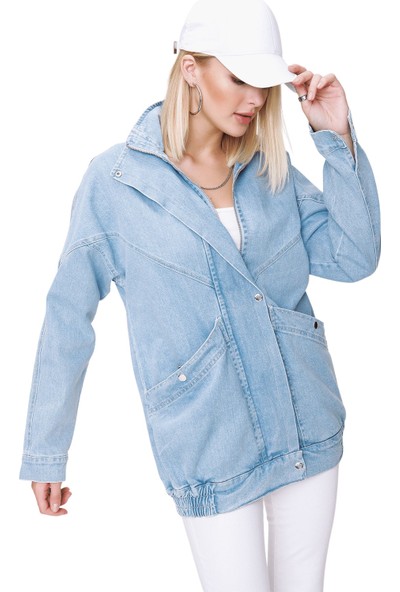 Butikburuc Kadın Mavi Torba Cep Fermuarlı Kot Ceket