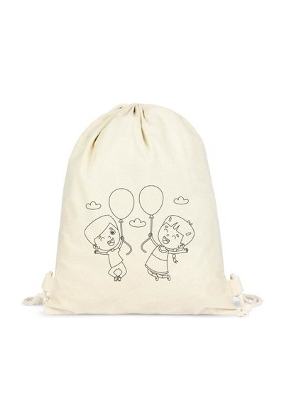 Çınar Bez Çanta Balonlu Çocuklar Boyama Desenli Büzgülü Sırt Çantası + Boyama Kalemi 12'li