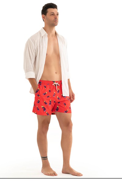 Just Like You Erkek Kırmızı Kısa Deniz Şortu: Patlıcan Baskılı