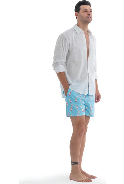 Just Like You Erkek Mint Mavisi Deniz Şortu: Şampanya Baskılı