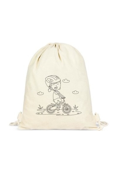 Çınar Bez Çanta Bisiklet Süren Çocuk Boyama Desenli Büzgülü Sırt Çantası + Boyama Kalemi 12'li