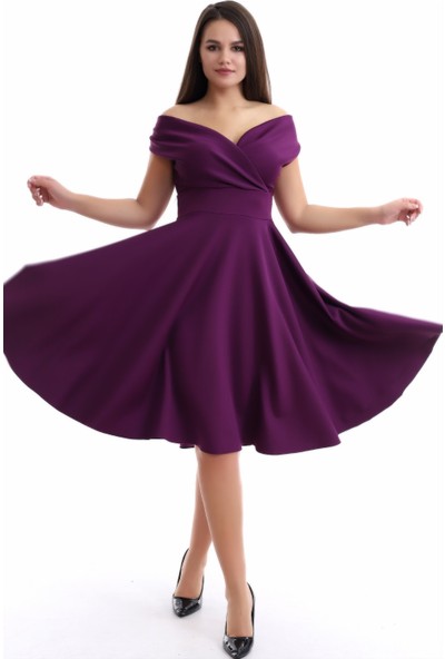 Mürdüm Kayık Yaka Elbise F107 Mürdüm Kayık Yaka Elbise F107