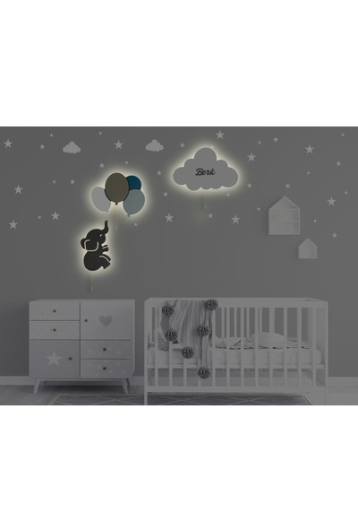3'lü Set - Fil, Balonlar, Kabartma Isimli Bulut, Çocuk Odası Dekoratif Aydınlatma 3'lü Set - Fil, Balonlar, Kabartma Isimli Bulut, Çocuk Odası Dekoratif Aydınlatma