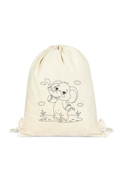 Çınar Bez Çanta Fil Boyama Desenli Büzgülü Sırt Çantası + Boyama Kalemi 12'li