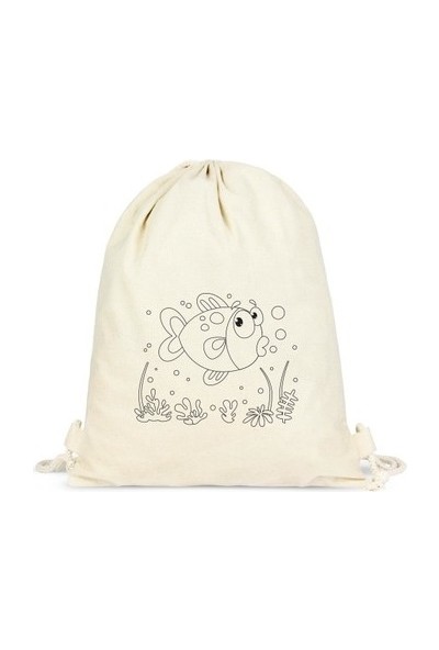 Çınar Bez Çanta Balık Boyama Desenli Büzgülü Sırt Çantası + Boyama Kalemi 12'li