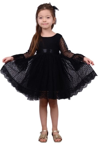 Masal Dünyası Siyah Dantelli Kız Çocuk Elbise