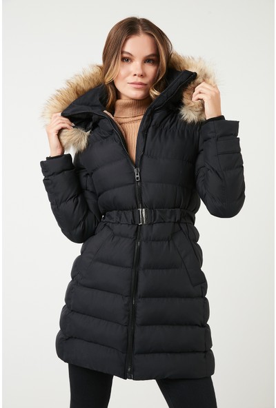 Lela Yakası Suni Kürk Kemerli Şişme Kaban Kadın Kaban 497SEMIRAMIS