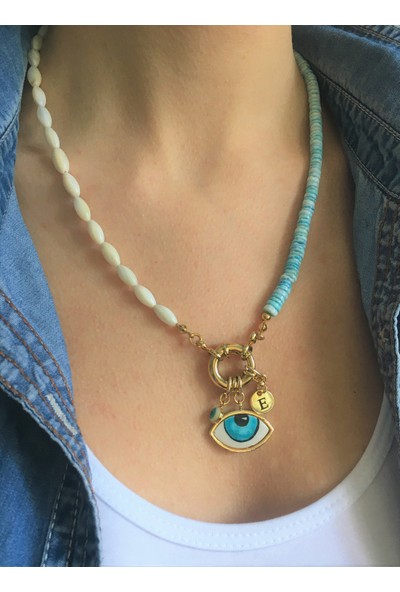 Floom Jewelry Turkuaz Göz Detaylı Arpa ve Dairesel Kesim Sedef Kolye