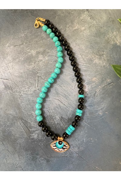 Floom Jewelry Zebra Desen Turkuaz Göz Detaylı Oniks ve Turkuaz Doğal Taş Kolye Floom Jewelry Zebra Desen Turkuaz Göz Detaylı Oniks ve Turkuaz Doğal Taş Kolye