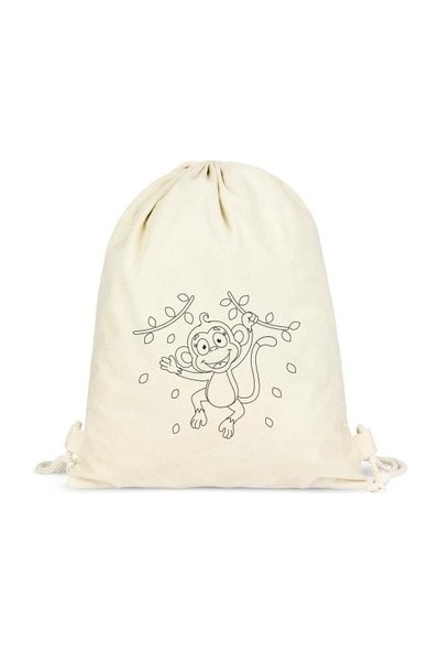 Çınar Bez Çanta Maymun Boyama Desenli Büzgülü Sırt Çantası + Boyama Kalemi 12'li