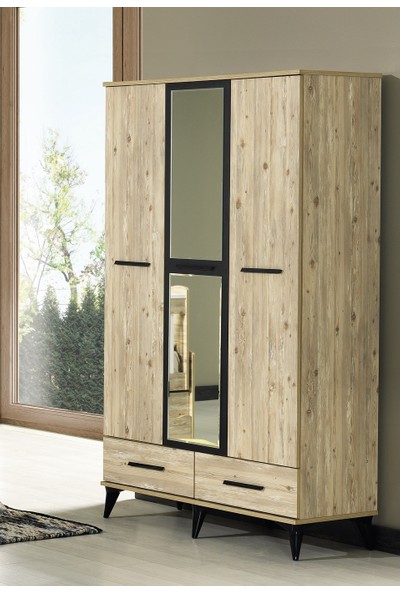 Afilli Peri 3 Kapaklı 2 Çekmeceli Gardrop Aynalı