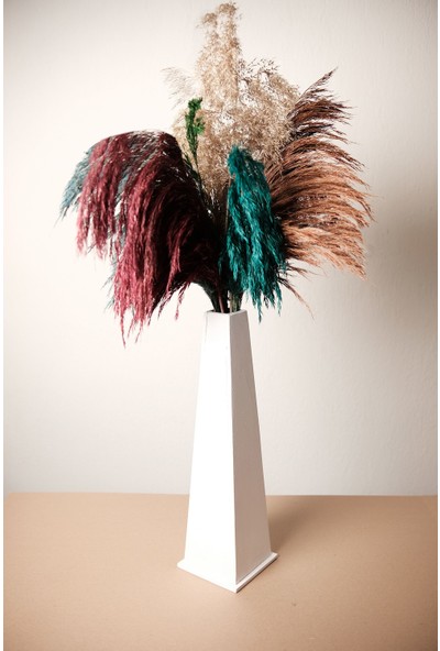 Ekinoks Mobilya Ahşap Vazolu Beyaz Kuru Çiçek Pampas Renkli