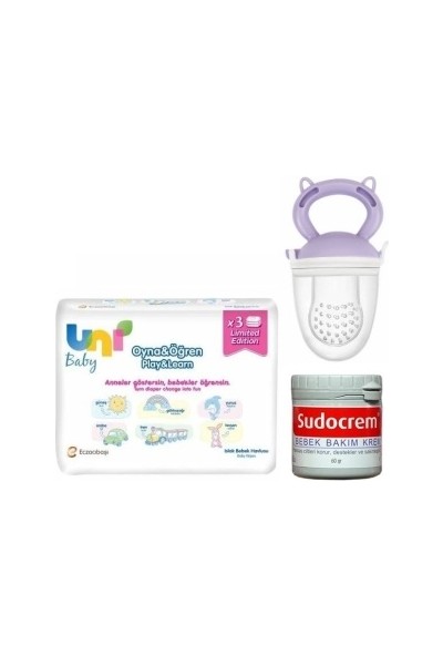 Uni Baby Islak Bebek Havlusu 3 Lü Set+Bebek Bakım Kremi 60 Gr+Meyve Süzgeci Mor